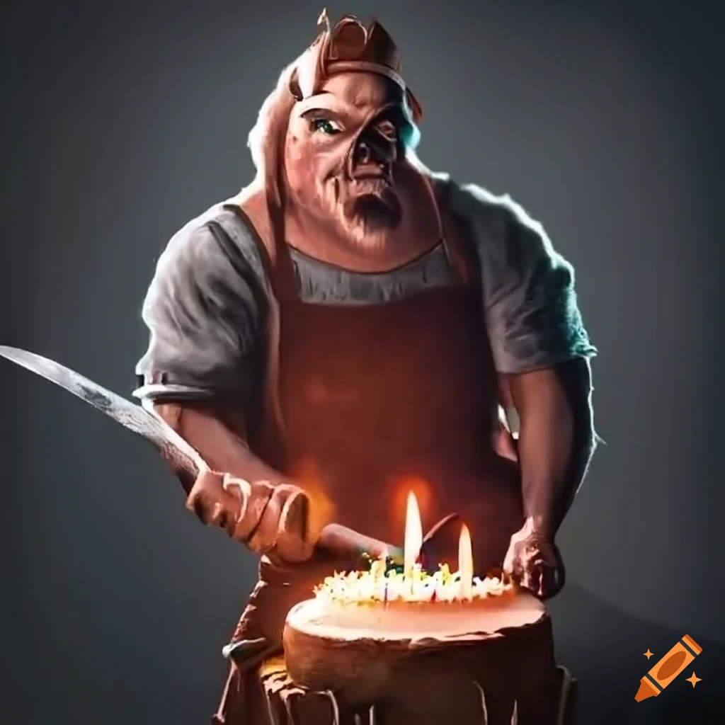 Blacksmith forging a birthday cake like a sword on Craiyon