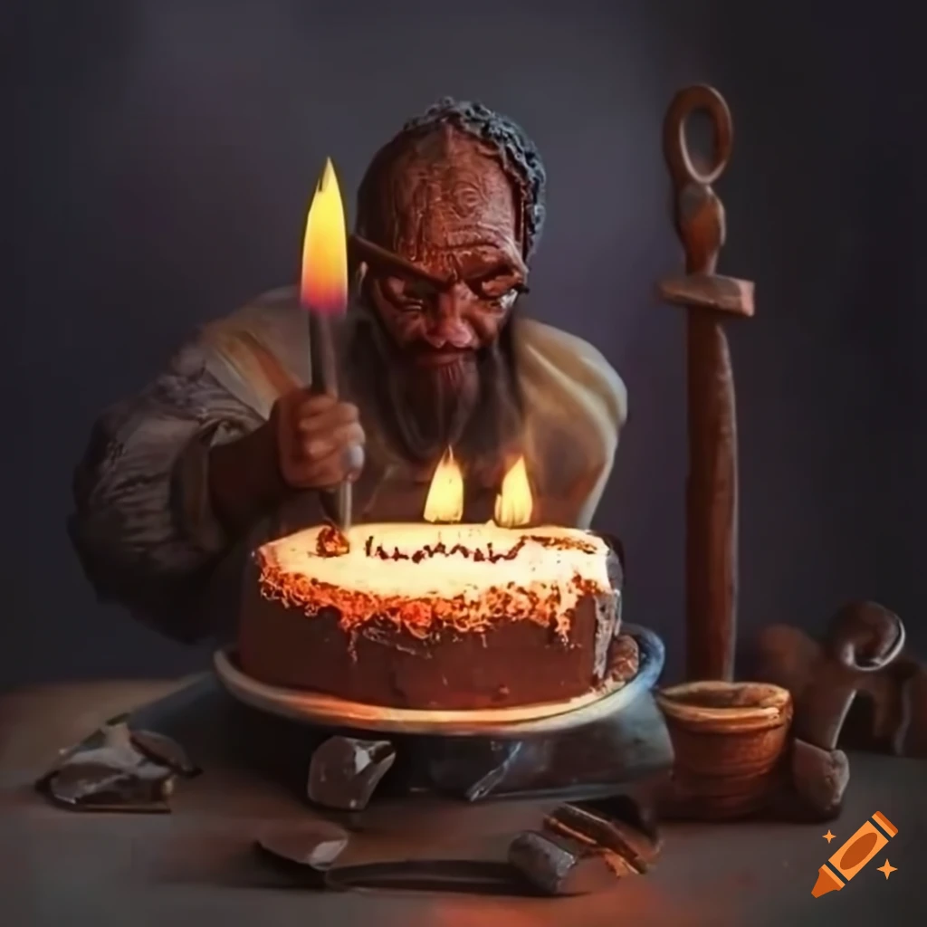 Happy blacksmith forging a birthday cake on Craiyon