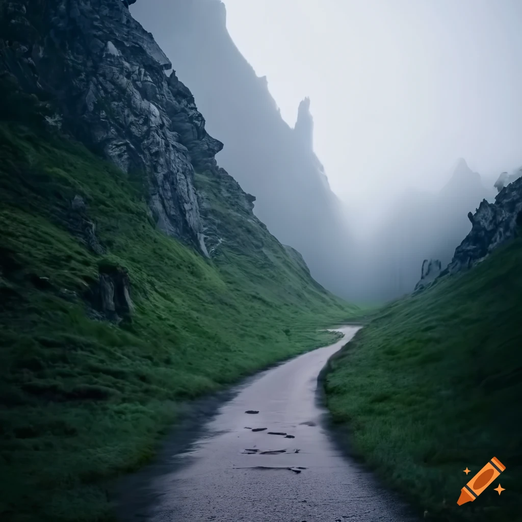 Winding path through desolate landscape towards foreboding mountain in ...
