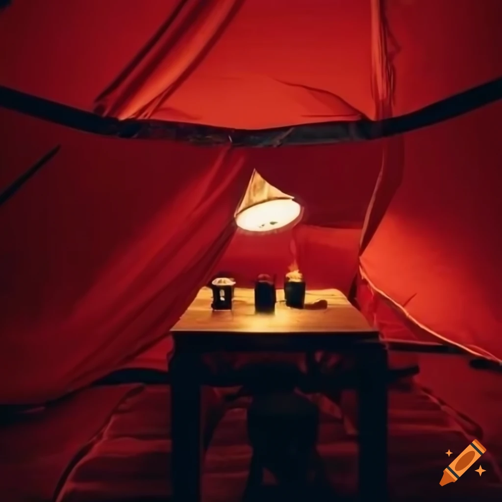 Interior of a red tent illuminated by lamps with a central table on Craiyon