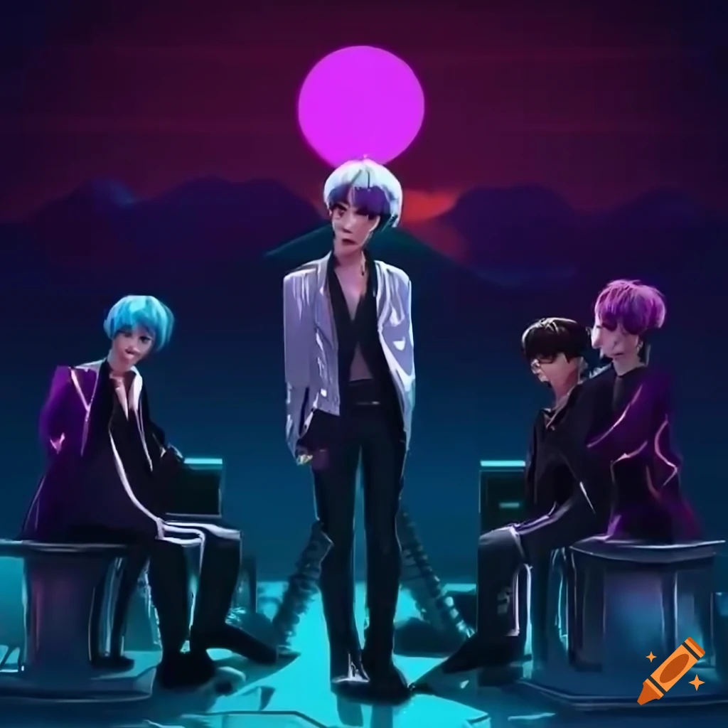 Digital artwork of bts members performing in a futuristic setting on ...