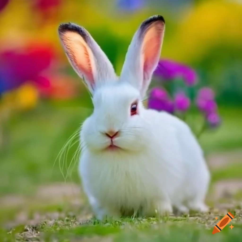 Fluffy white rabbit playing in a colorful spring garden on Craiyon