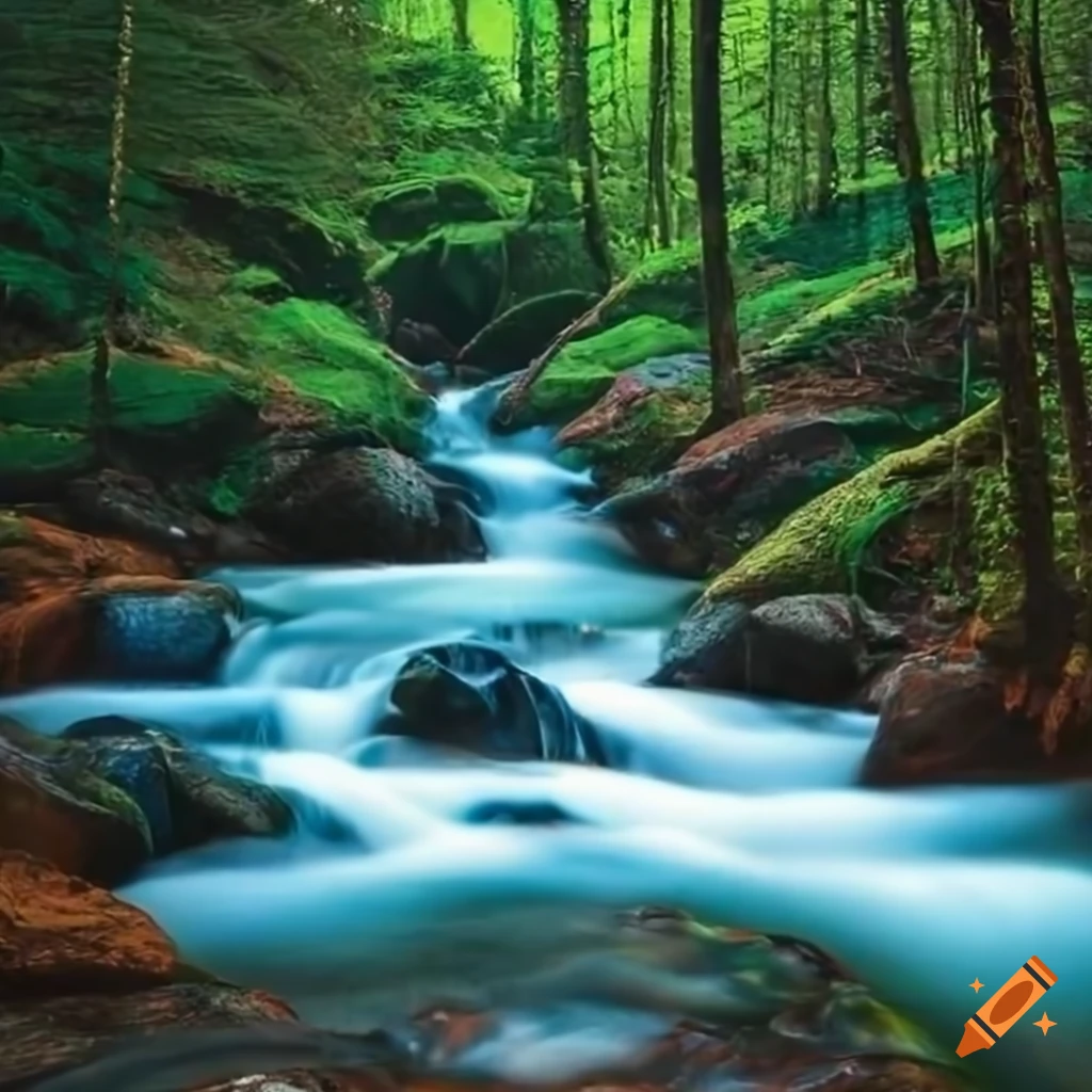 Mountain stream flowing into a wilderness waterfall on Craiyon