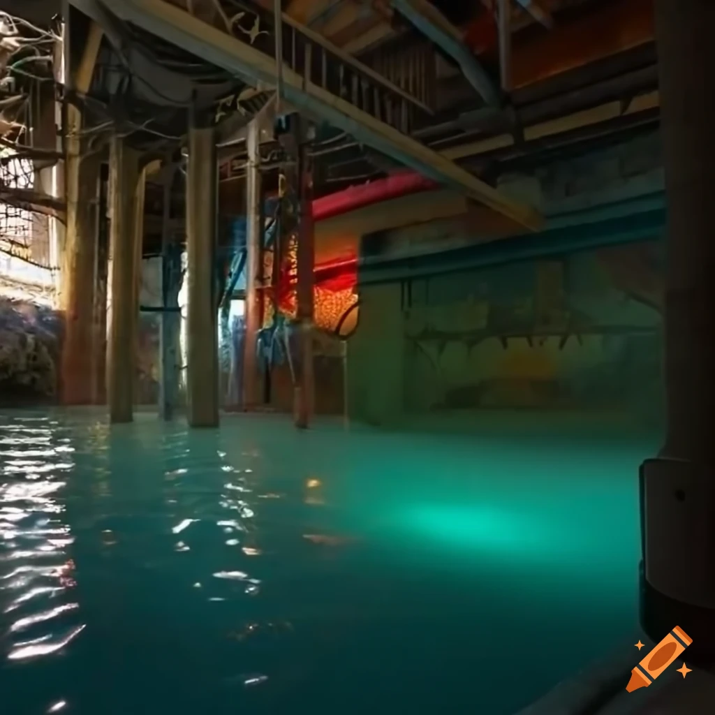 Enchanting indoor waterpark hidden in a factory under a peaceful ...