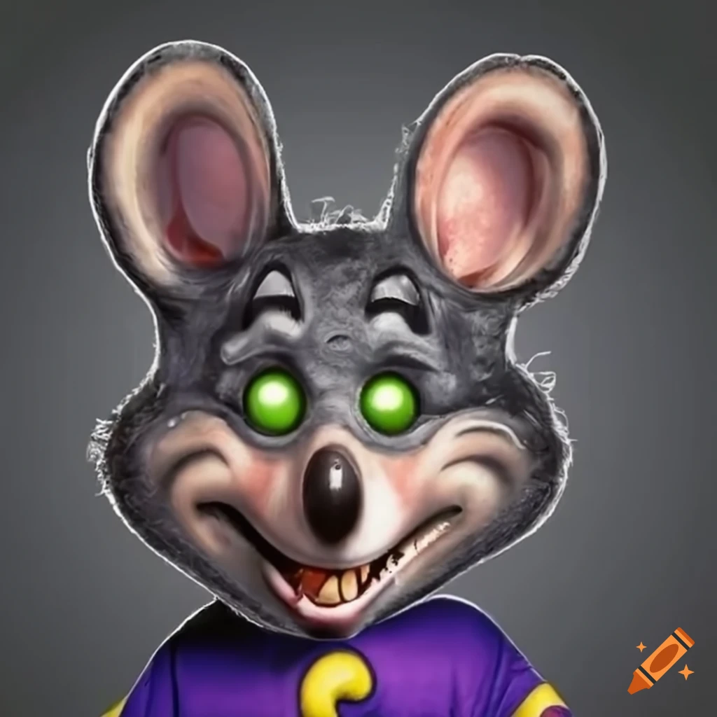 Chuck E Cheese with scary black eyes on Craiyon