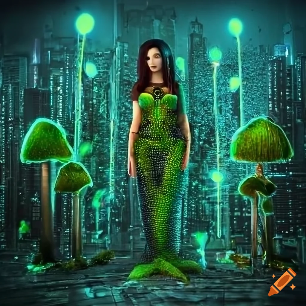 Glowing biopunk cityscape with moss, plants, mushrooms, crystals, and ...