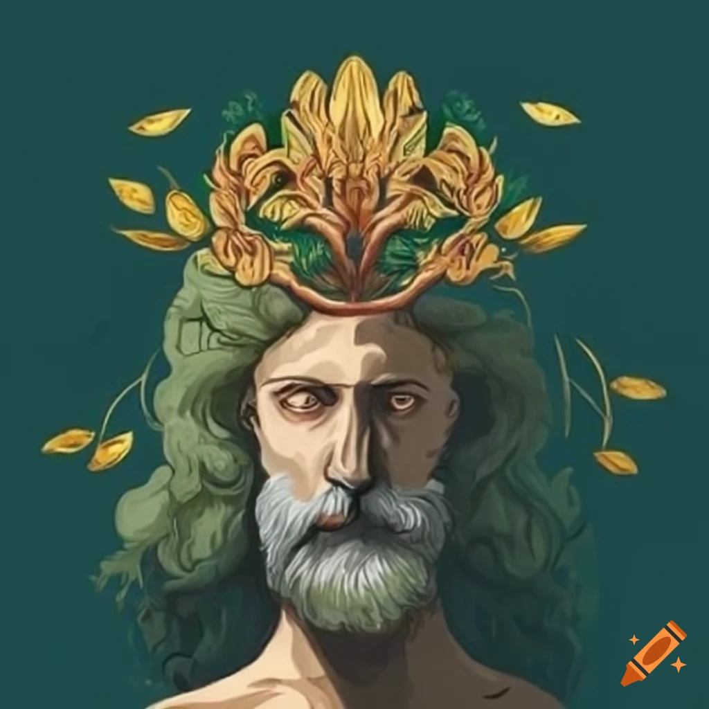Ancient god with giant tree of golden leaves on head, wearing dark ...