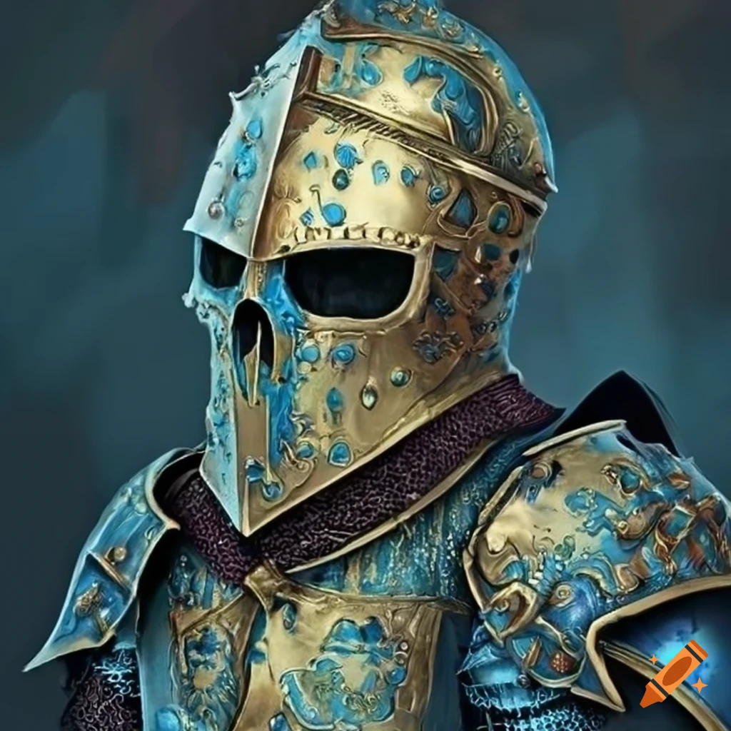 Fantasy knight in gold plate armor with skull helmet on Craiyon