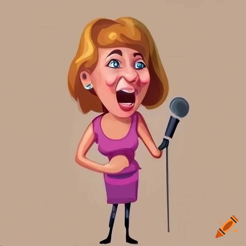 Female comedian laughing with microphone in cartoon style on Craiyon