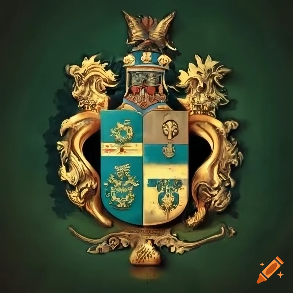 Vintage european family crest with golden snail, black cat, and dark ...