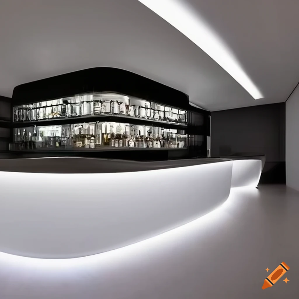 Modern futuristic bar with white furniture and RGB lighting on Craiyon