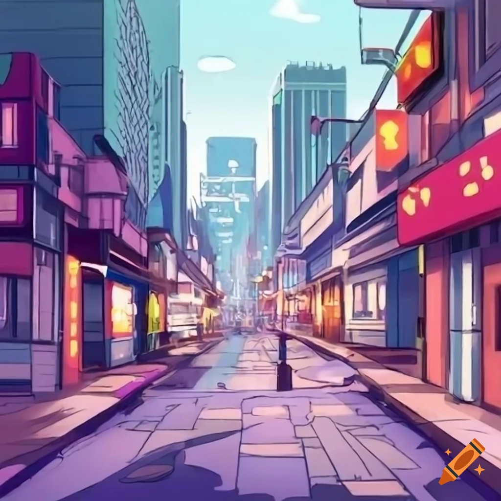 Anime busy street scene during the day on Craiyon