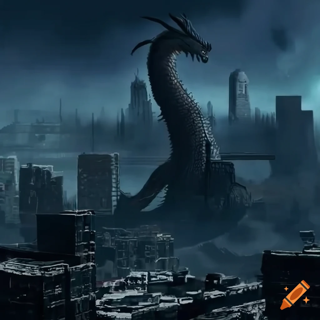 Cel shaded dragon flying over a post-apocalyptic city on Craiyon