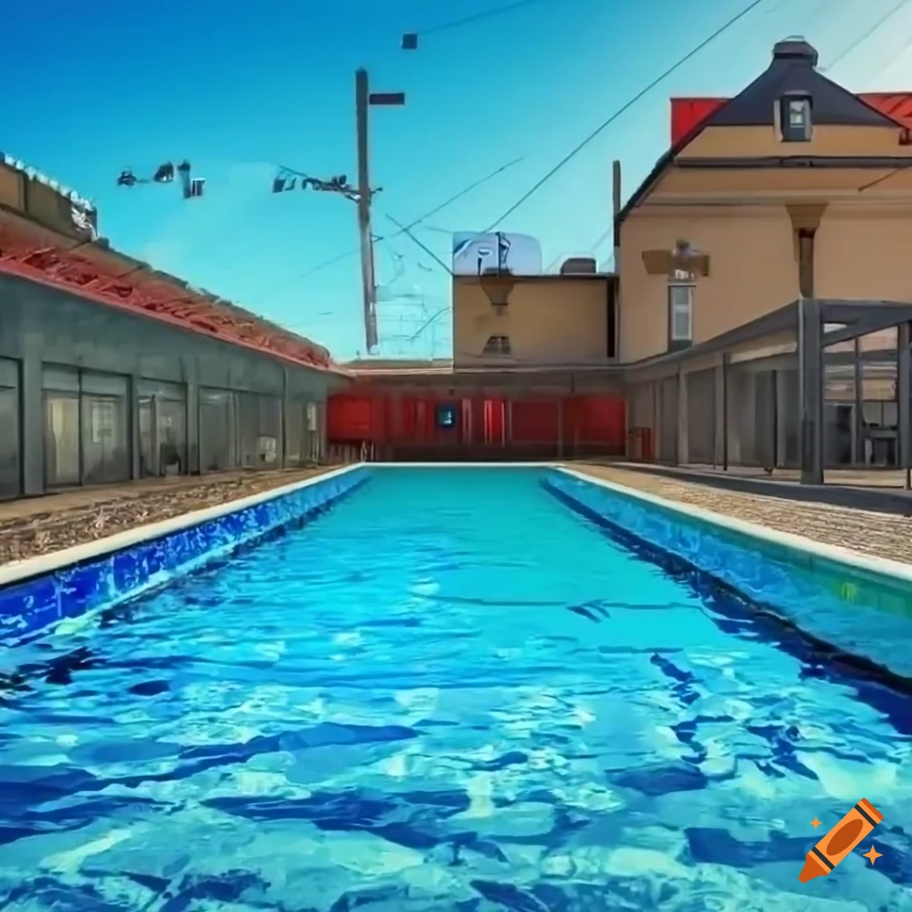 Swimming pool at a train station in 4k hd realism on Craiyon
