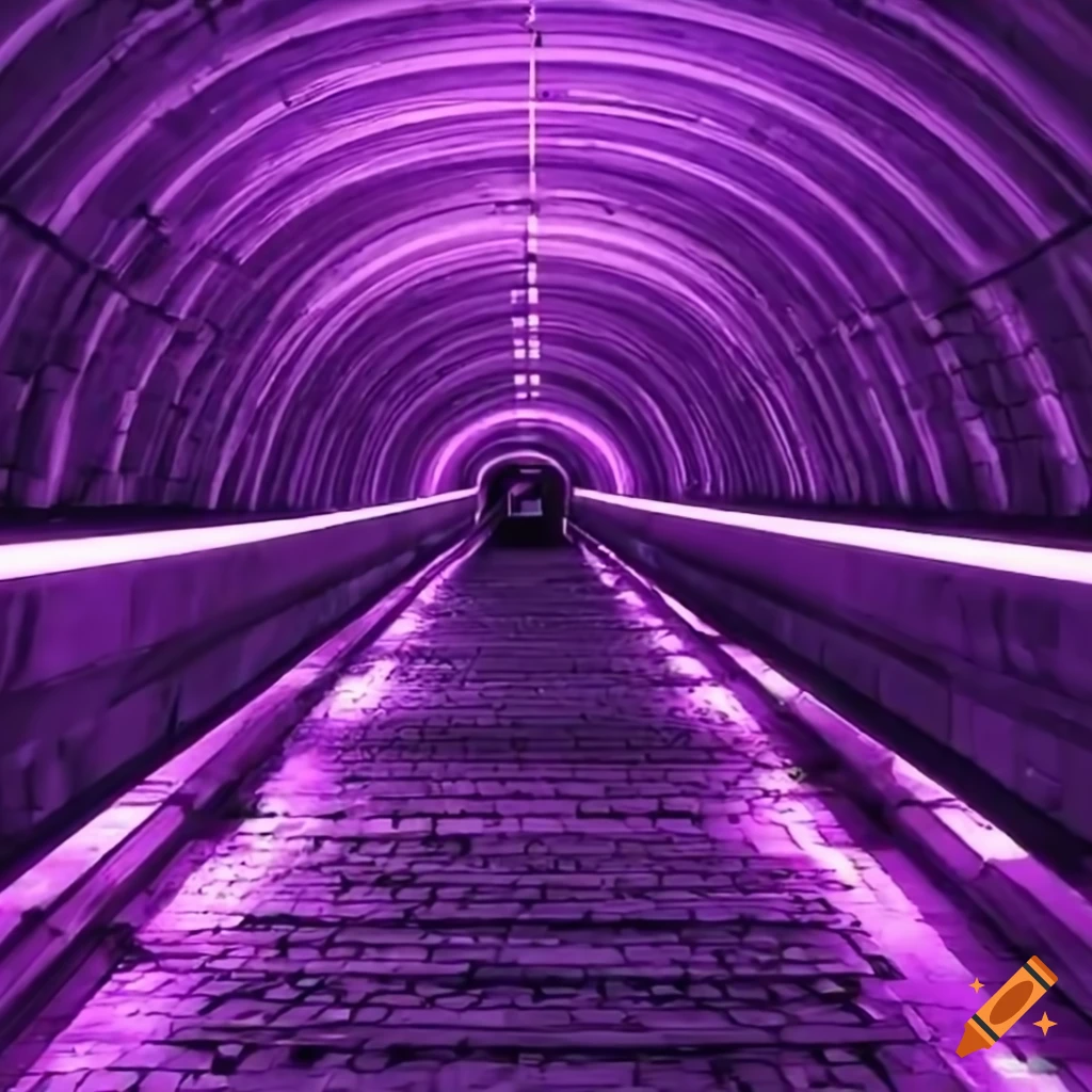 Purple subway tunnel with glowing rails on Craiyon
