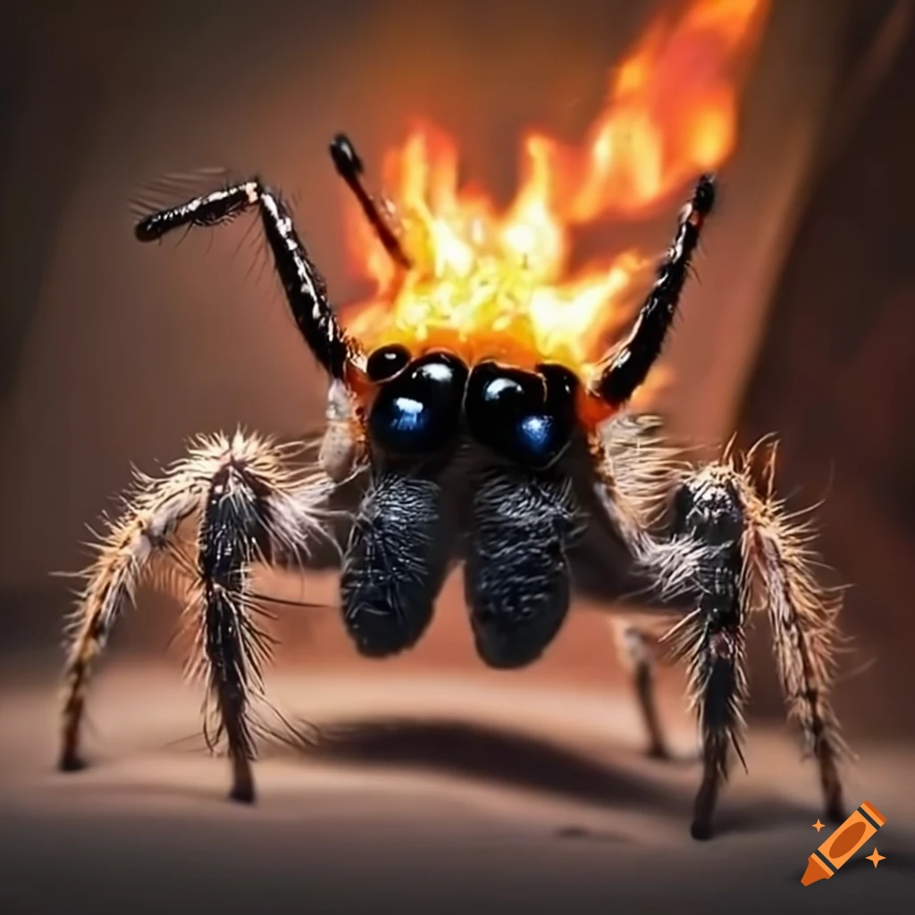 Giant jumping spider piloted by a fiery halfling on Craiyon