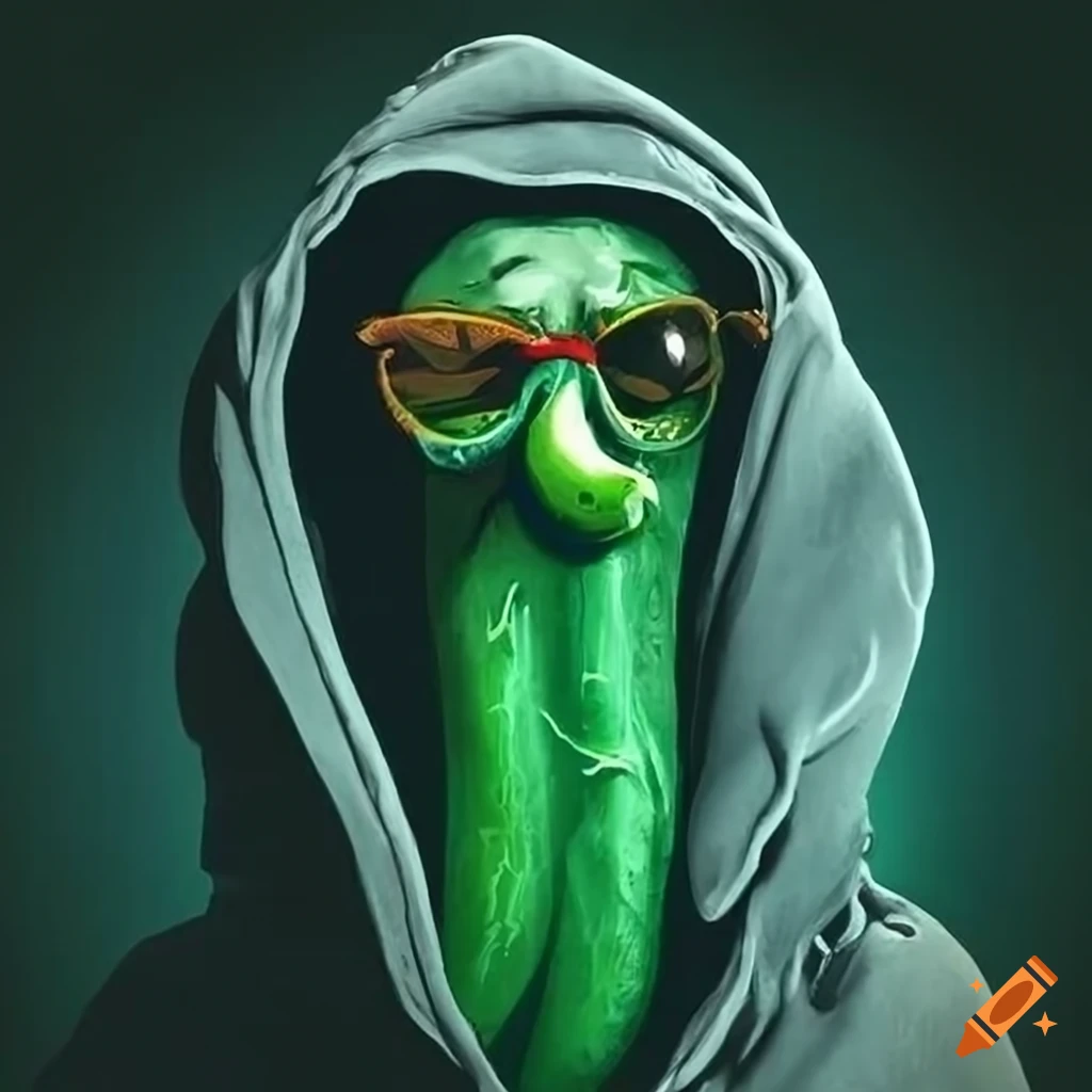 Imaginative illustration of a gangster pickle with urban flair and ...