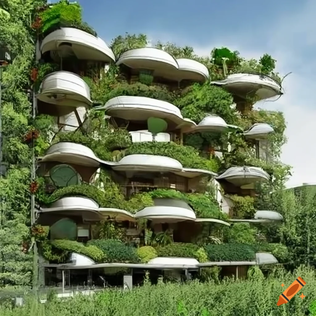 Organic building with abundant plants on Craiyon