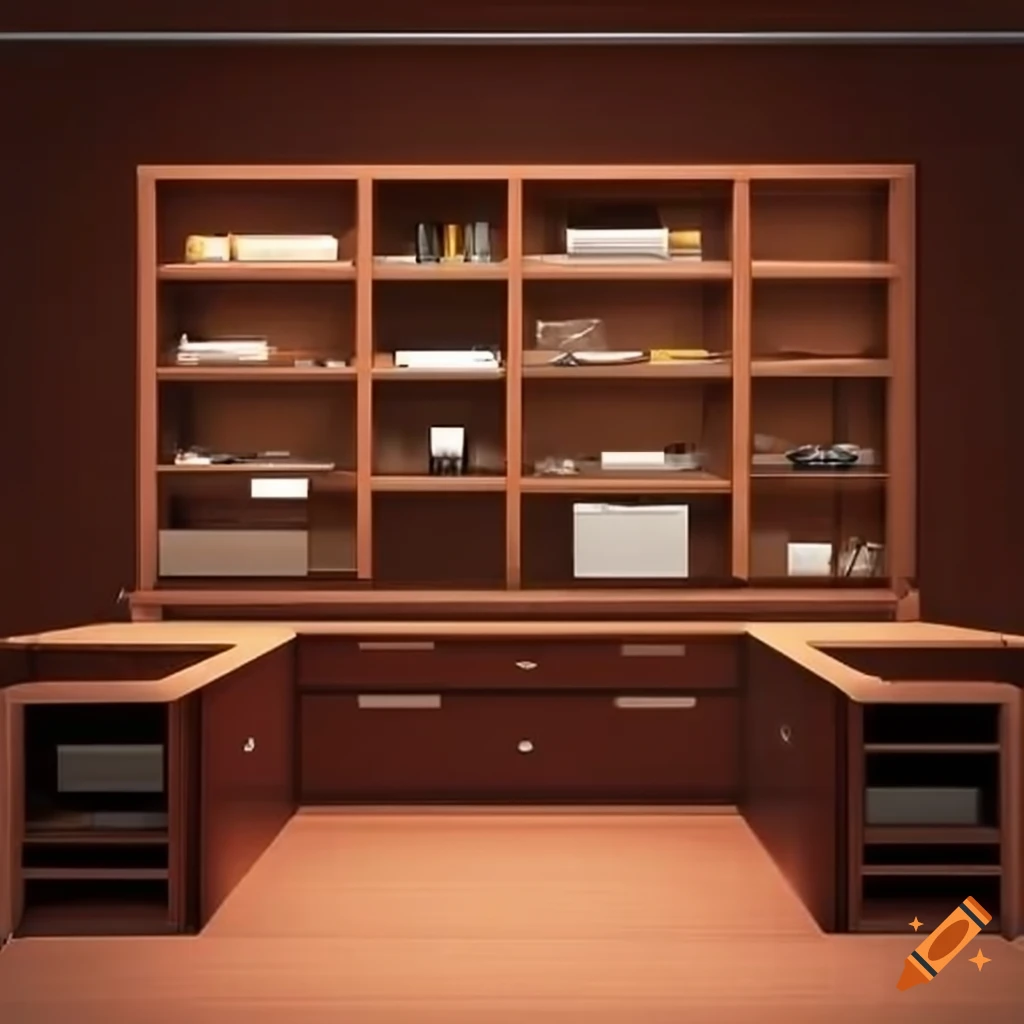 Office interior with tailor-made cabinets and storage solutions on Craiyon