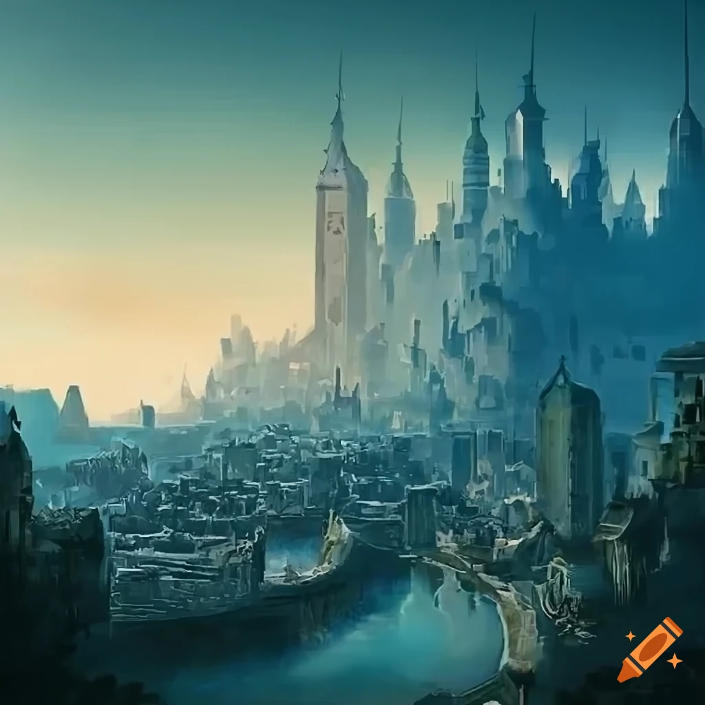 Medieval fantasy cityscape illuminated by sunlight with fancy buildings ...