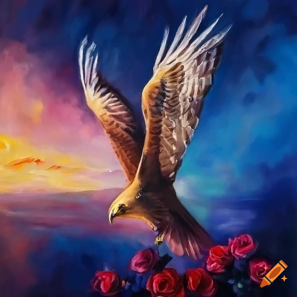 Hawk soaring over a surrealistic landscape with a rose in vibrant oil ...