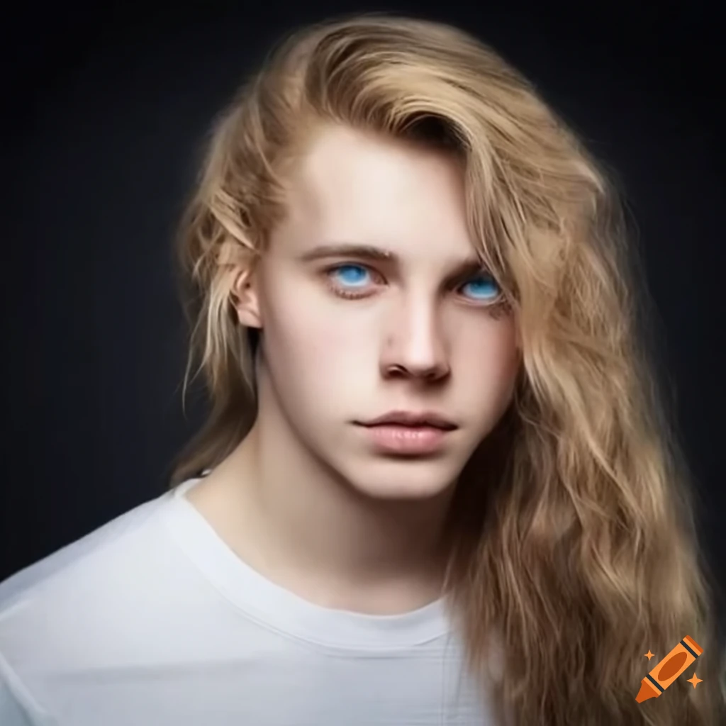 Young white man with blue eyes and long blonde hair on Craiyon