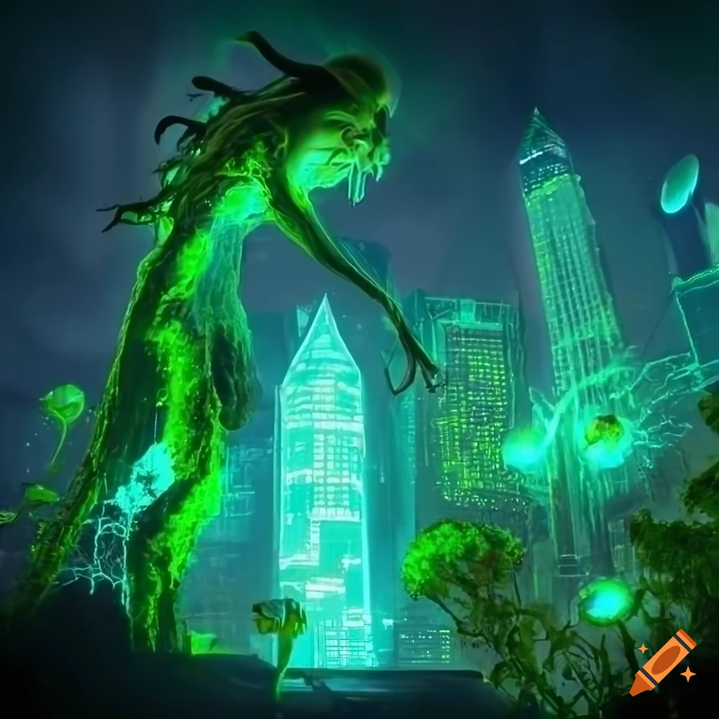 Glowing biopunk cityscape with mythical creature goddesses and ...