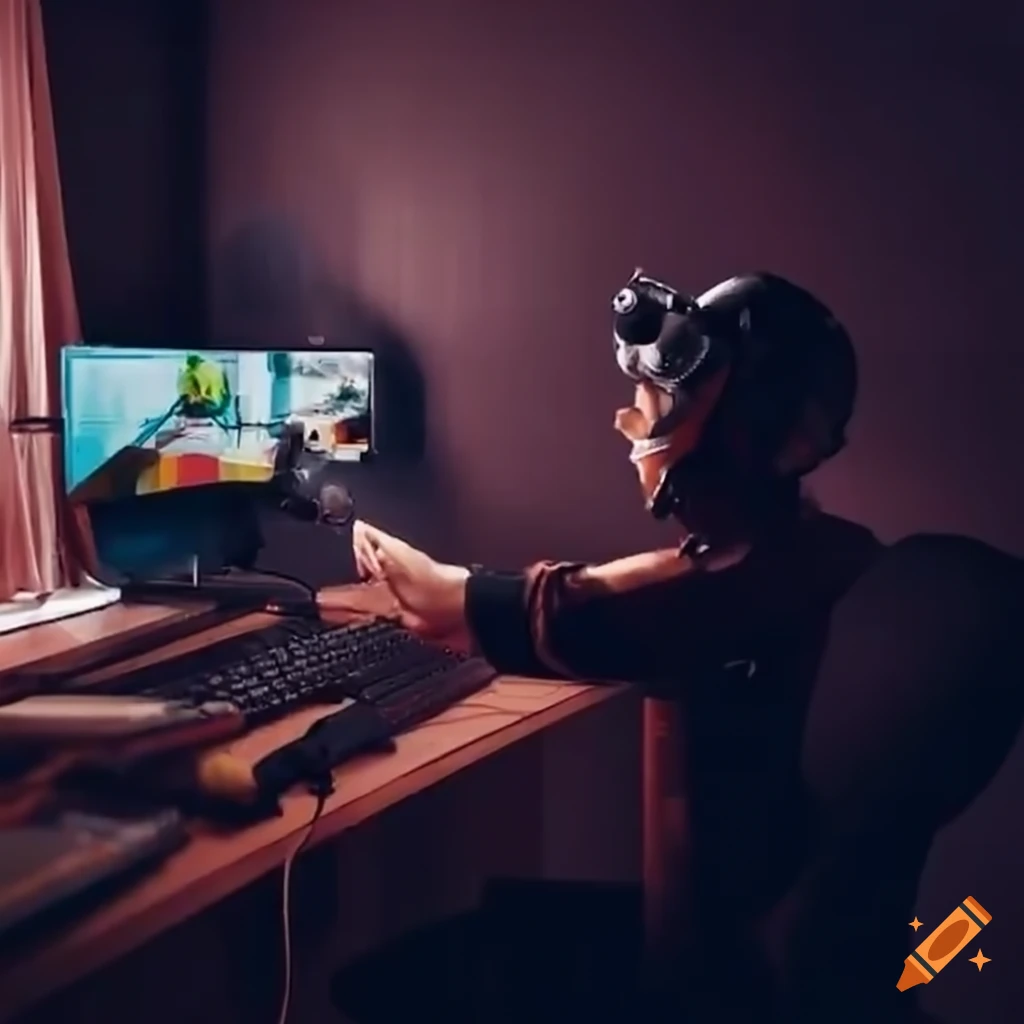 Man gaming with a helmet camera in his room on Craiyon