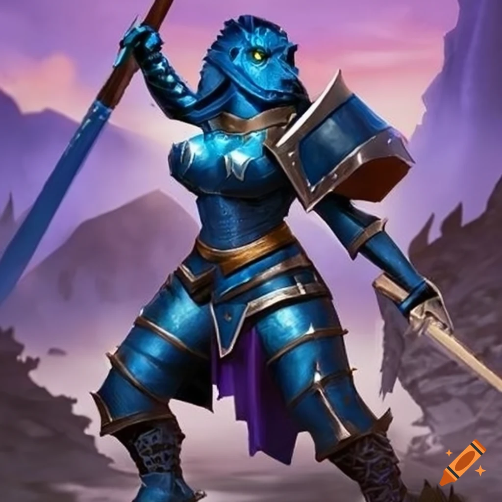 Female reptile dragonborn knight in traditional armor in simon bisley ...