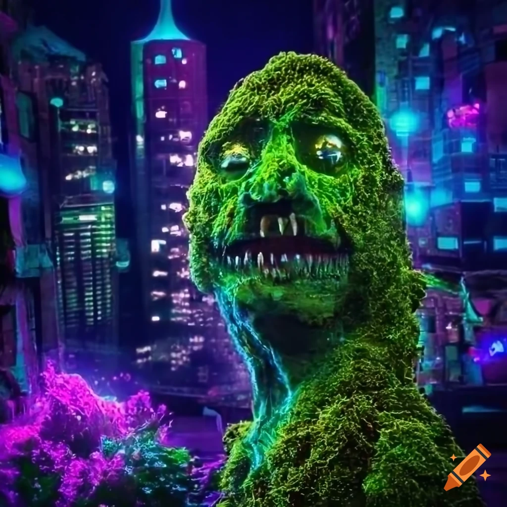 Glowing biopunk cityscape with mutant omega mart lemon fruit monsters ...