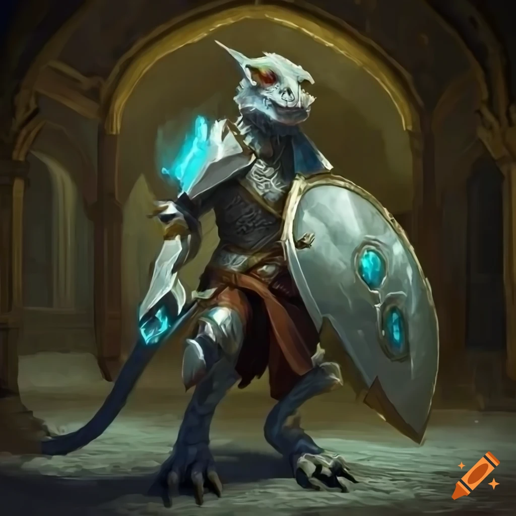 Green kobold cleric with shield in white armor with blue draconic ...