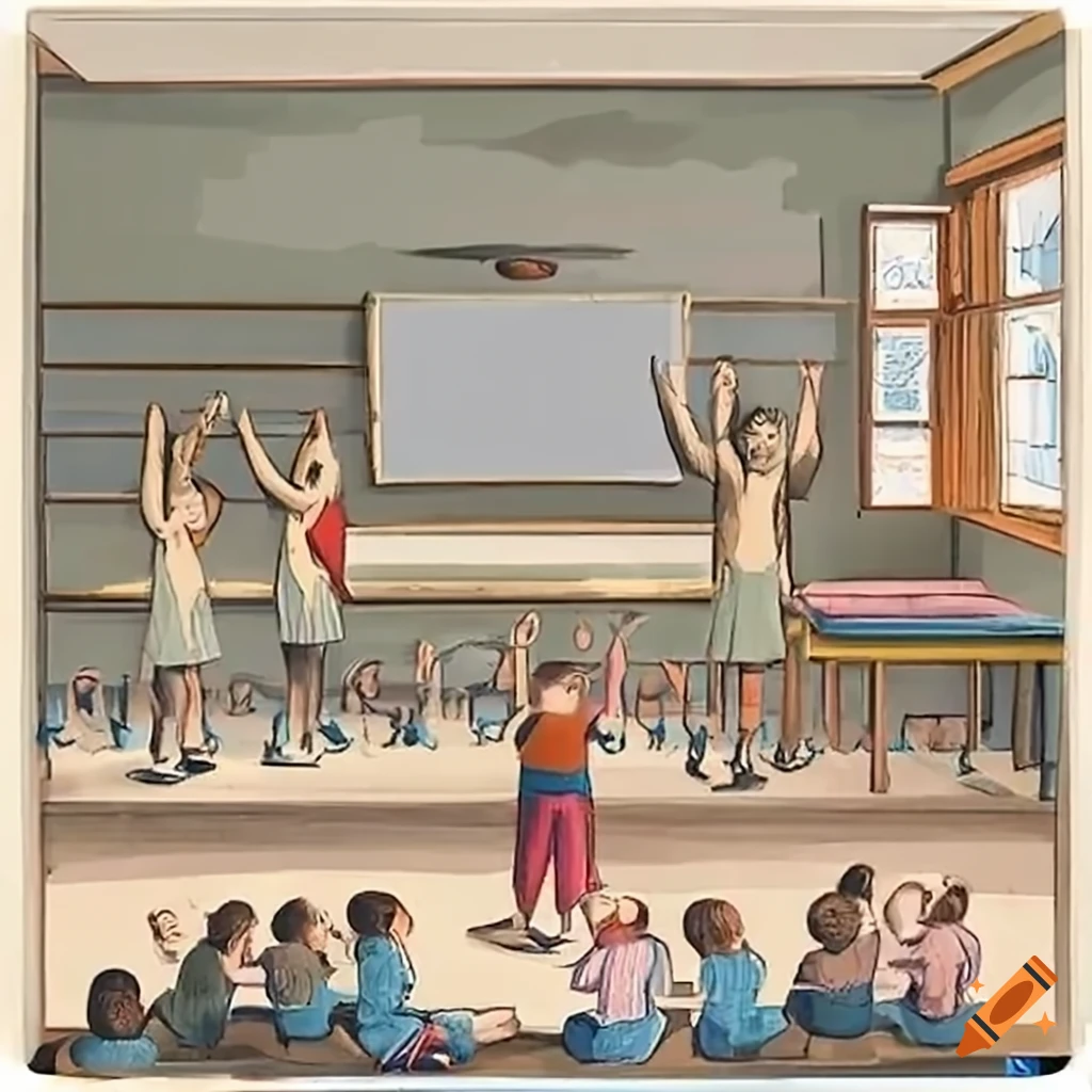 Bustling classroom scene with students engaged in various activities on ...