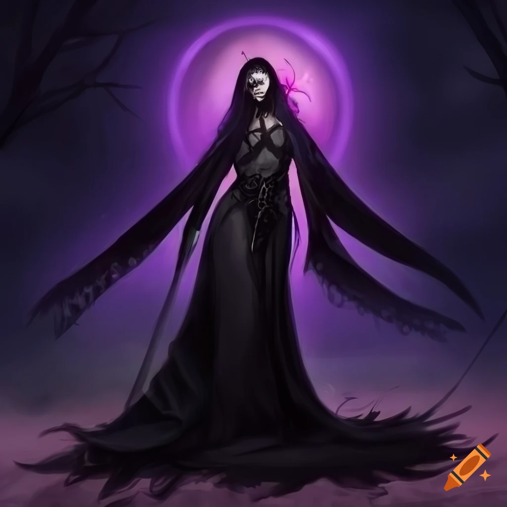 Detailed fantasy female grim reaper in black dress and cloak on Craiyon