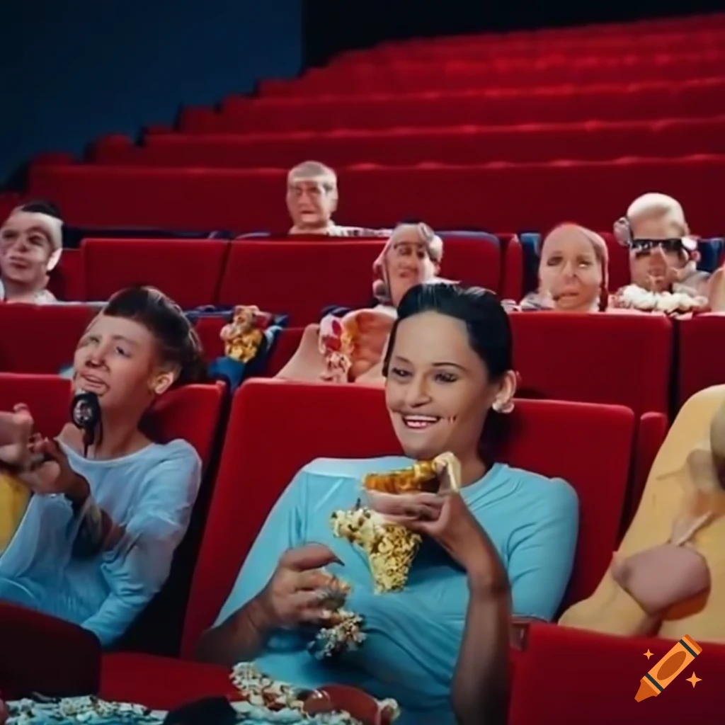 Crowd enjoying popcorn in a cinema on Craiyon