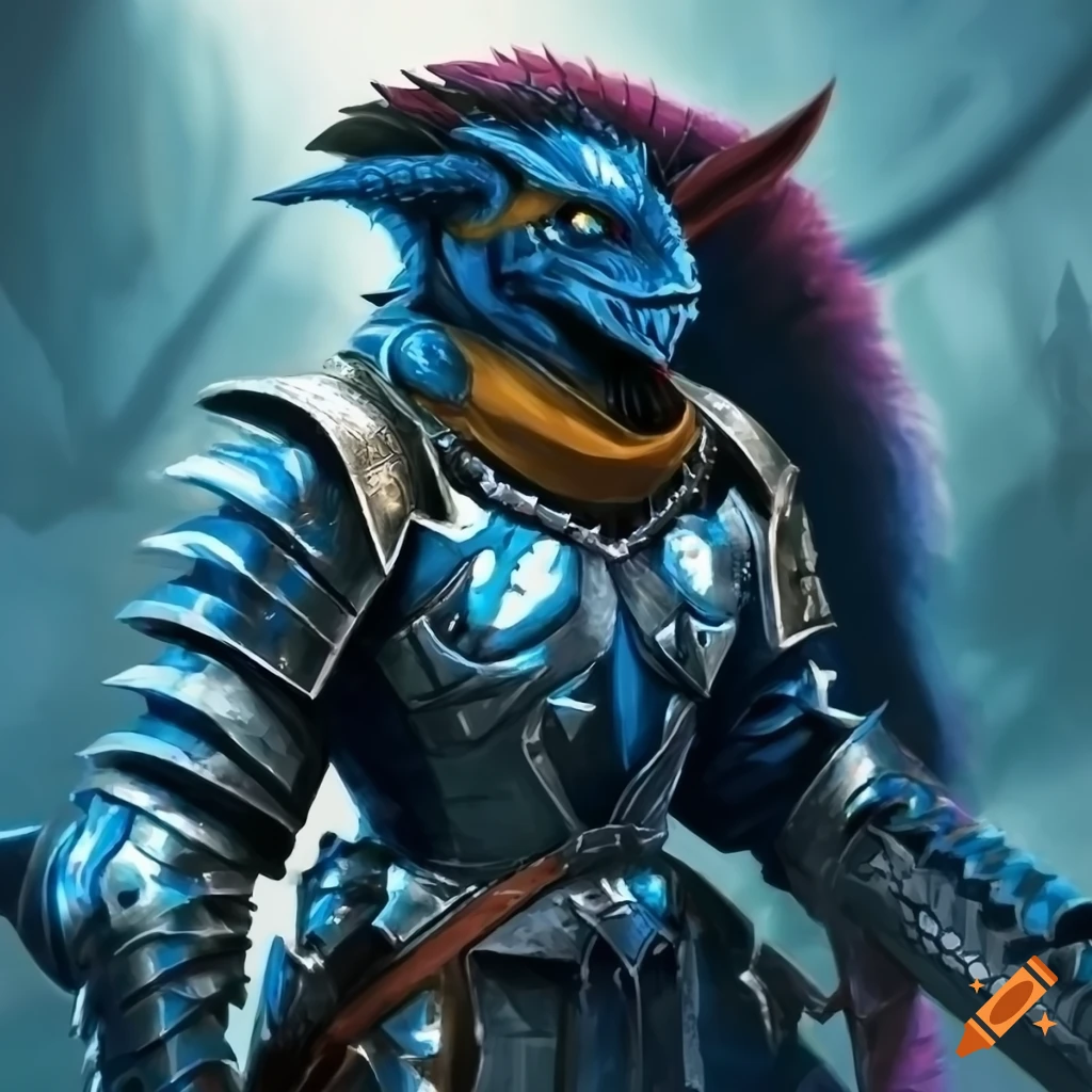 Blue-scaled female reptile dragonborn knight in traditional armor ...