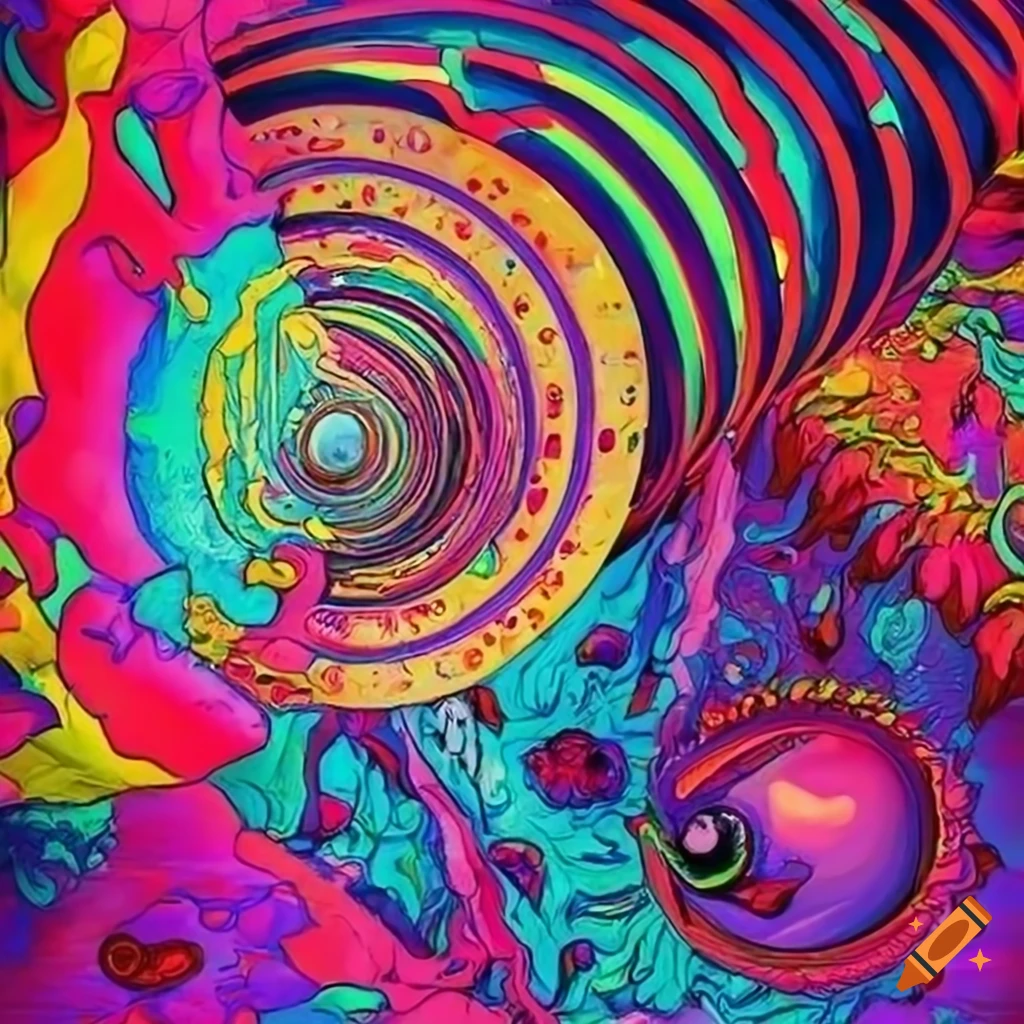 Colorful and surreal psychedelic rock album cover illustration on Craiyon