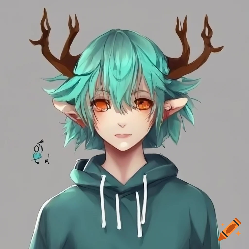 Anime boy satyr with teal hair, orange eyes, and antlers in a white ...