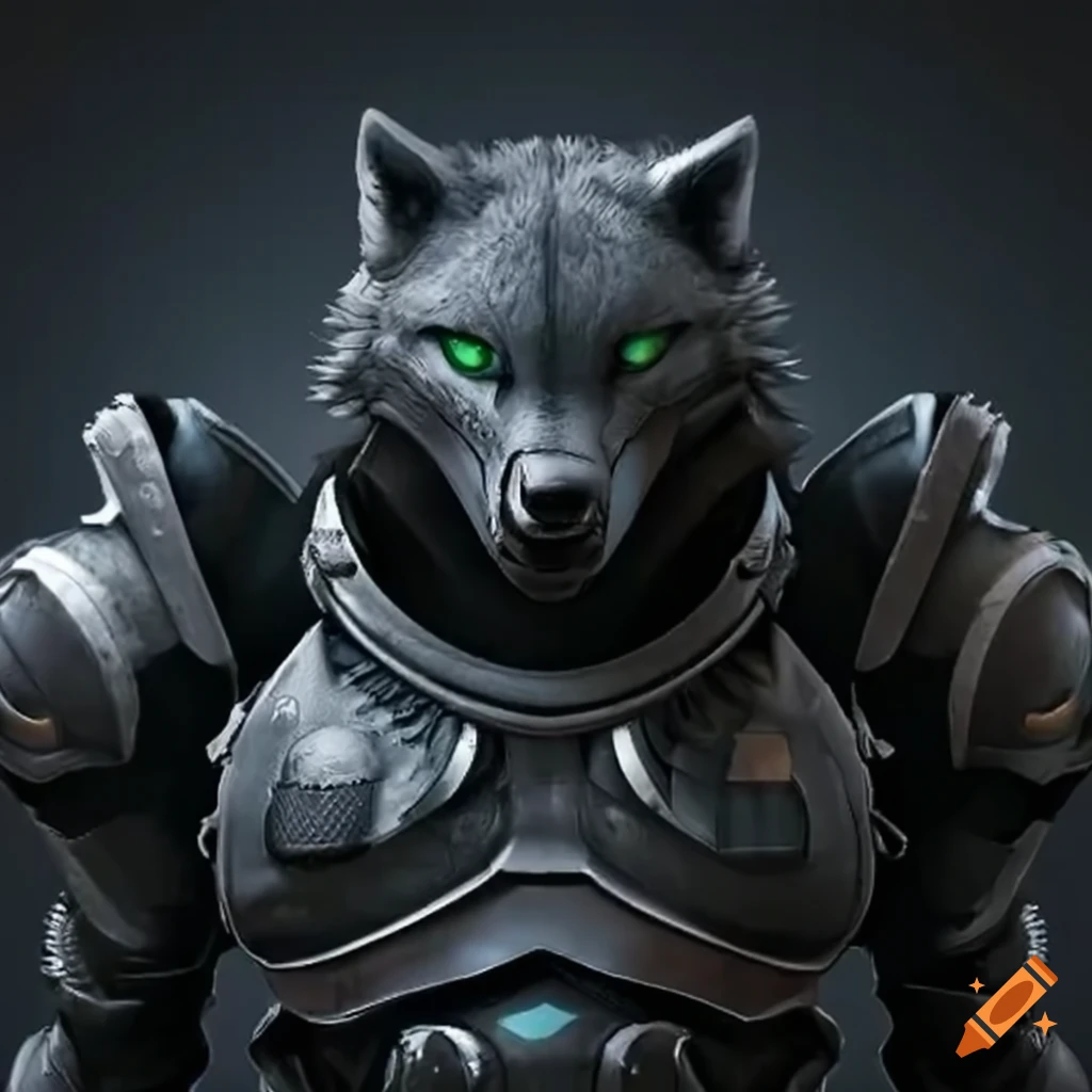 Humanoid wolf in black space armor on Craiyon