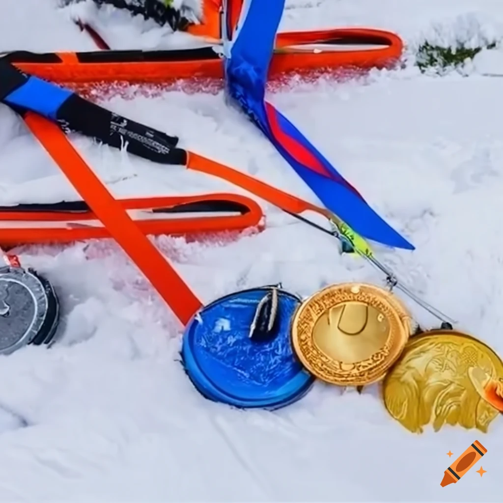 Salomon cross country skis with medals and ribbons on snowy ground on ...
