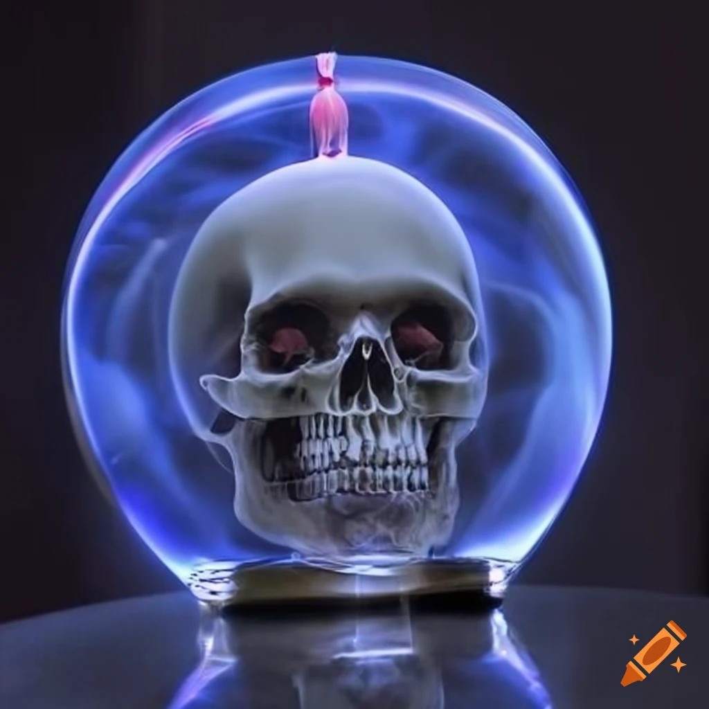 Clear glass skull plasma globe on Craiyon