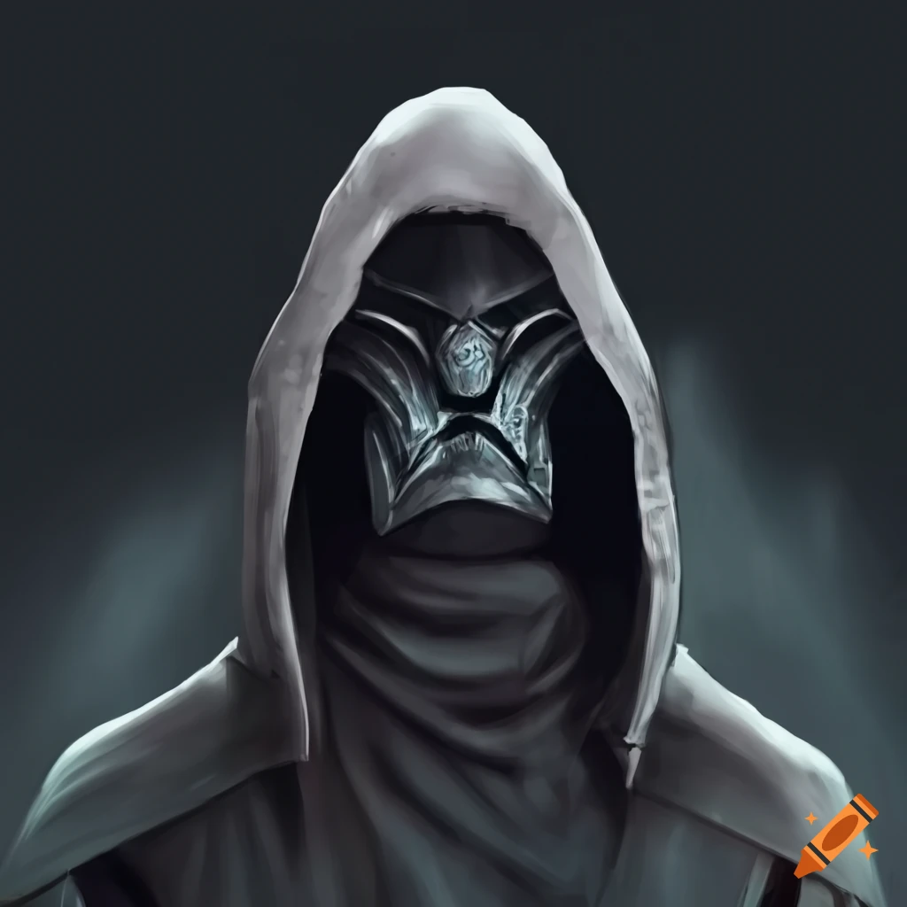 Hooded sith lord with a helmet featuring narrow eye slit on Craiyon