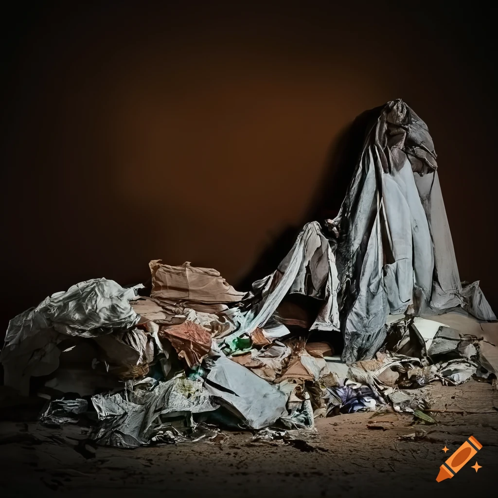 Pile of junk covered with a drapery in a dramatic landscape on Craiyon