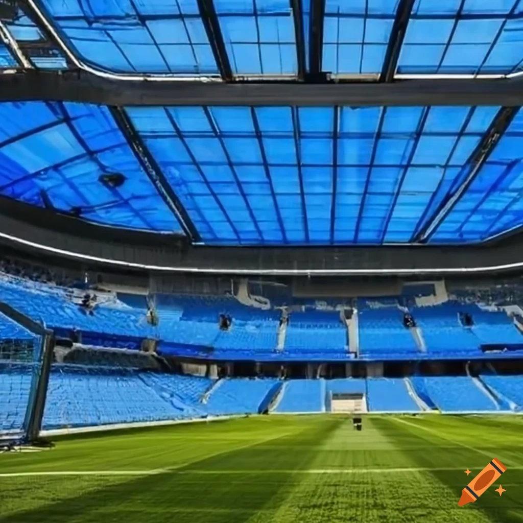 Detailed 25,000 seat soccer stadium with blue construction on Craiyon