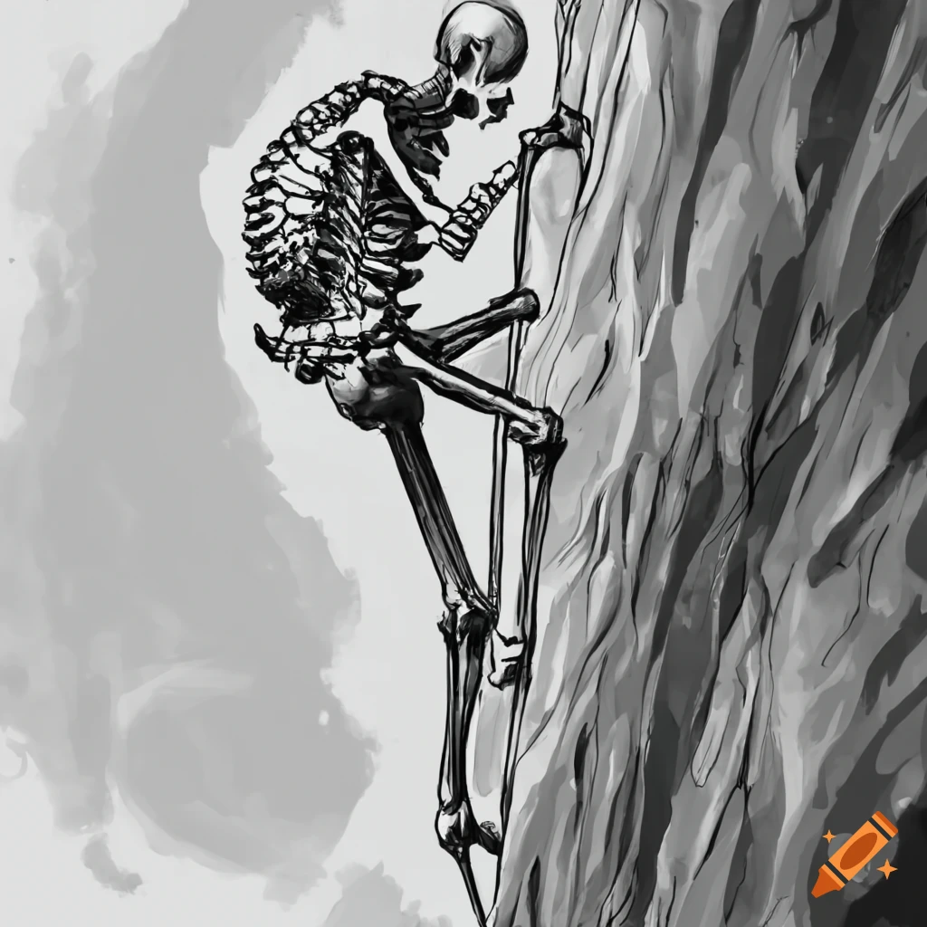 Skeleton rock climbing on a rock face in black and white sketch on Craiyon