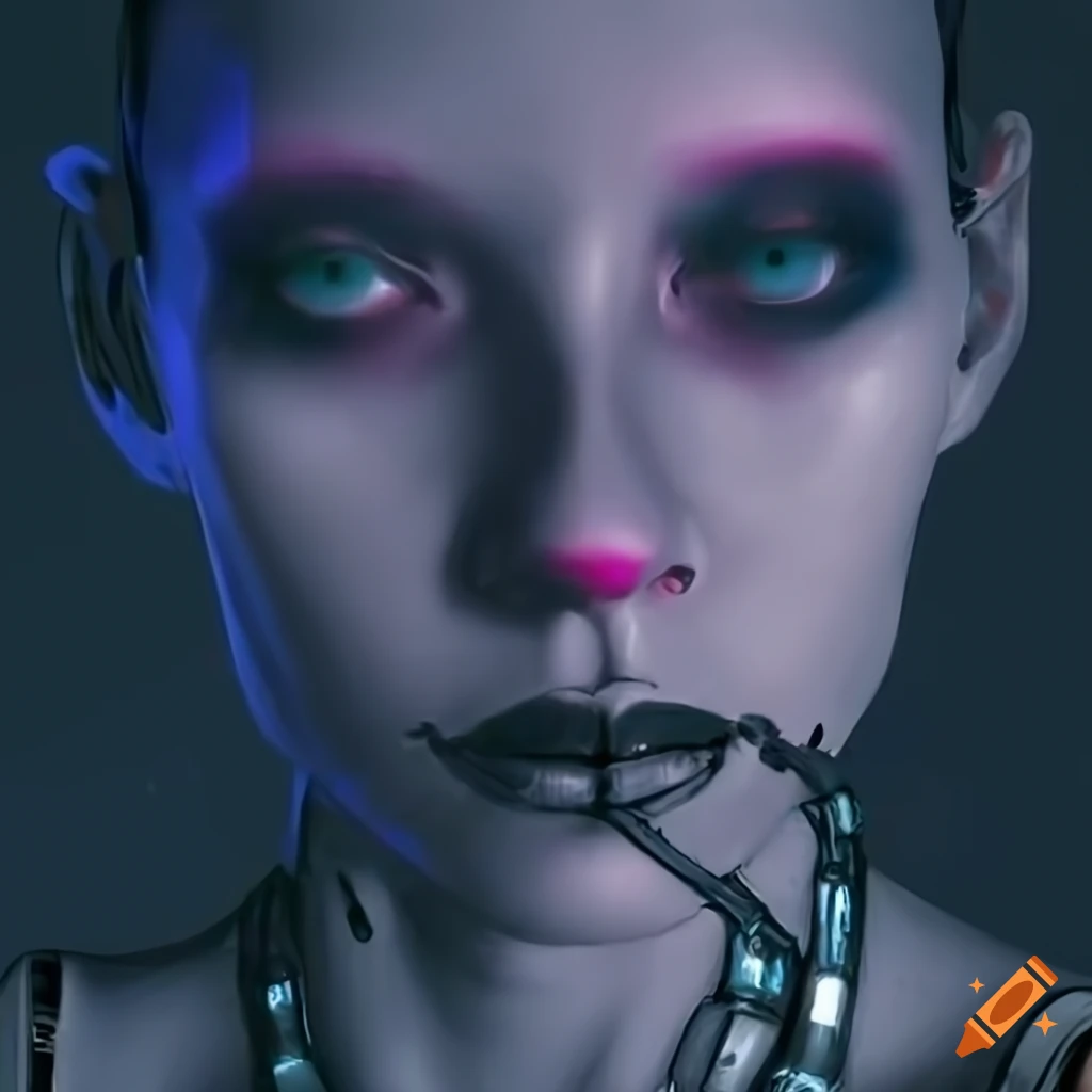 Female cyborg goddess in a dark cyberpunk cityscape on Craiyon