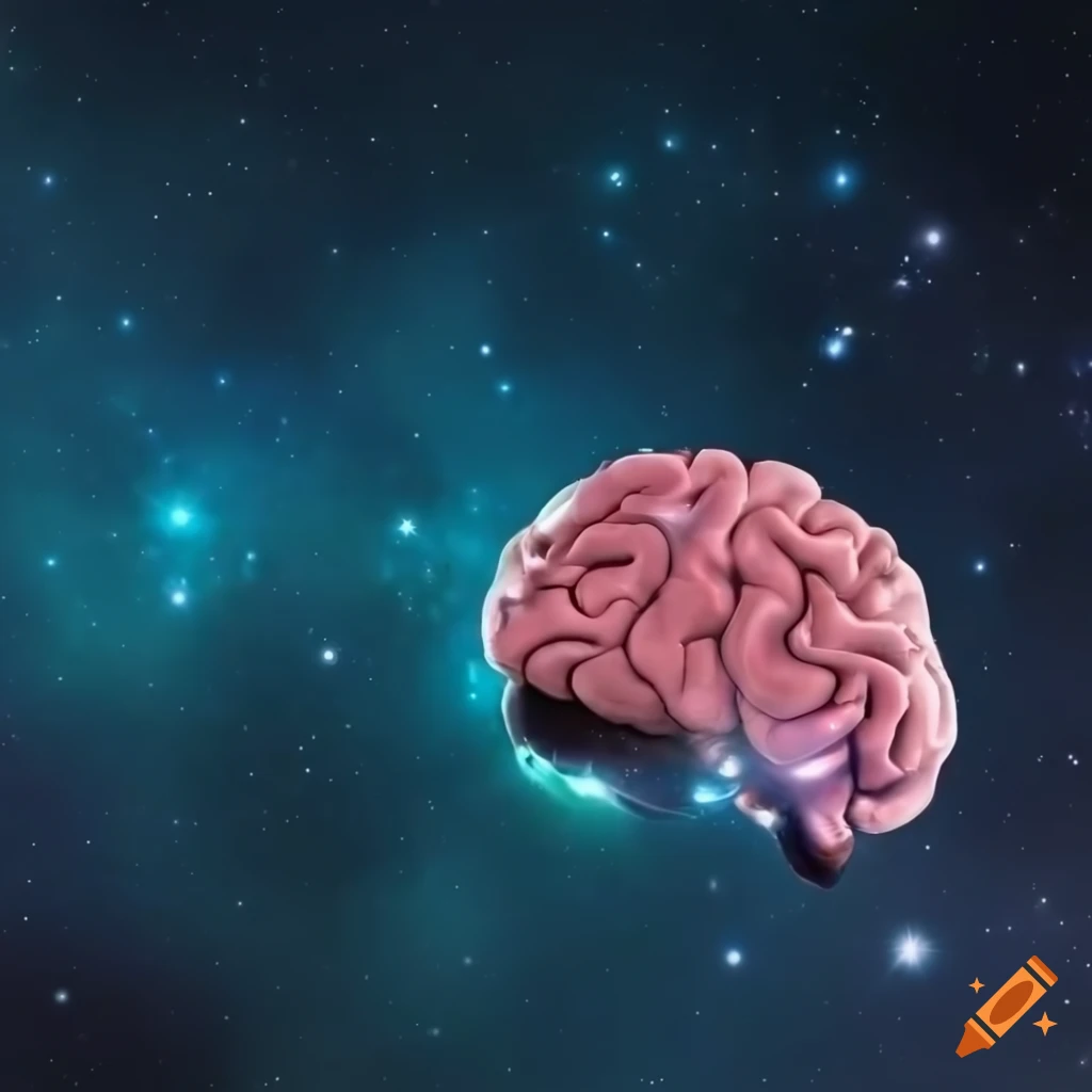 Human brain soaring through space with stars and a spaceship on Craiyon