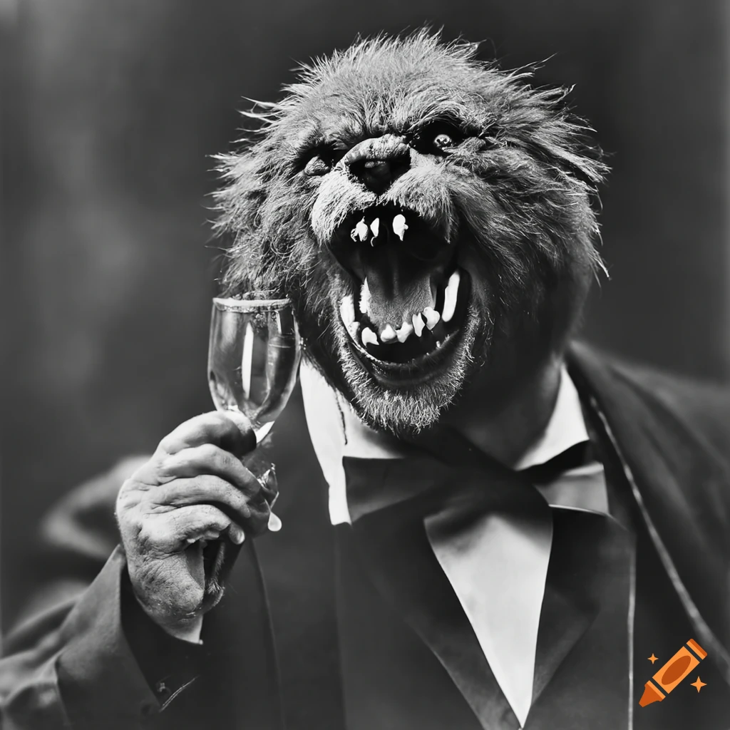 Vintage werewolf man with glass and tuxedo from the 1930's on Craiyon