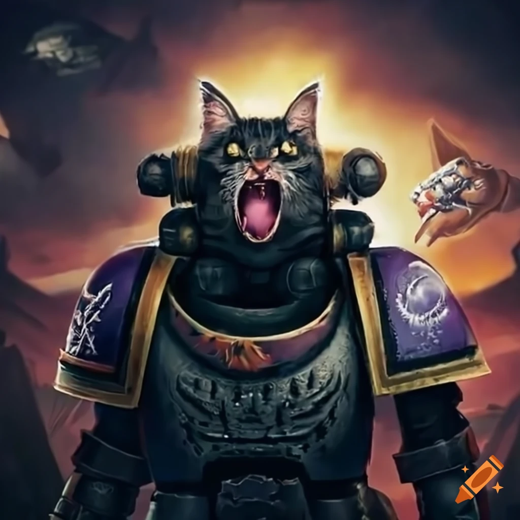 Warhammer 40000 cat screaming with british pub in background on Craiyon