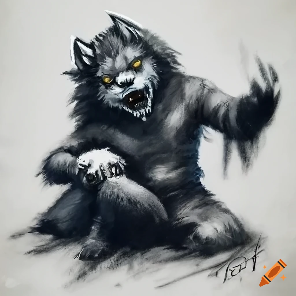 Happy werewolf child drawing with crayons in Simon Bisley art style on ...