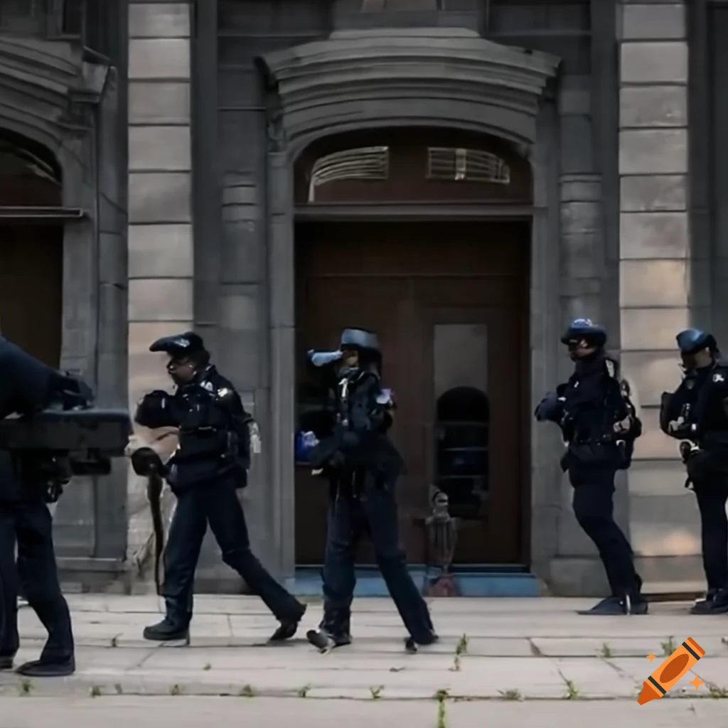 Peaceful campus scene with police officers securing the premises on Craiyon